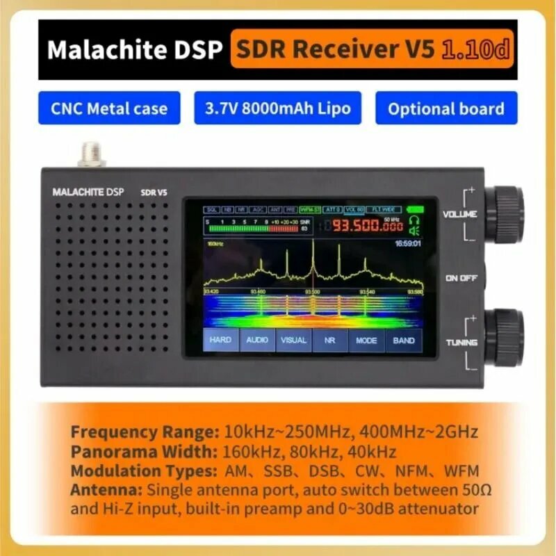 Новейший 1.10d Малахитовый DSP SDR Радиоприемник V5 С Дополнительным Листовым Металлическим Корпусом 5000 МАч AM CW SSB NFM WFM