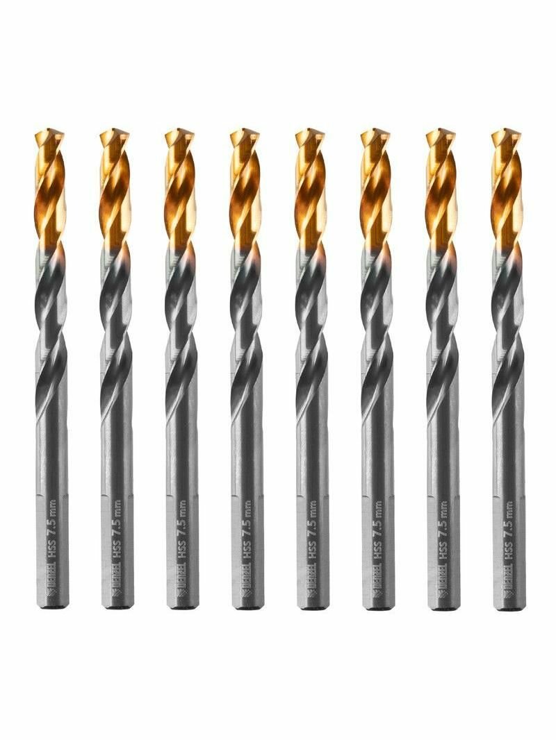 Сверло по металлу, 7,5 мм, HSS-Tin, Golden Tip, 8 шт. Denzel 717218