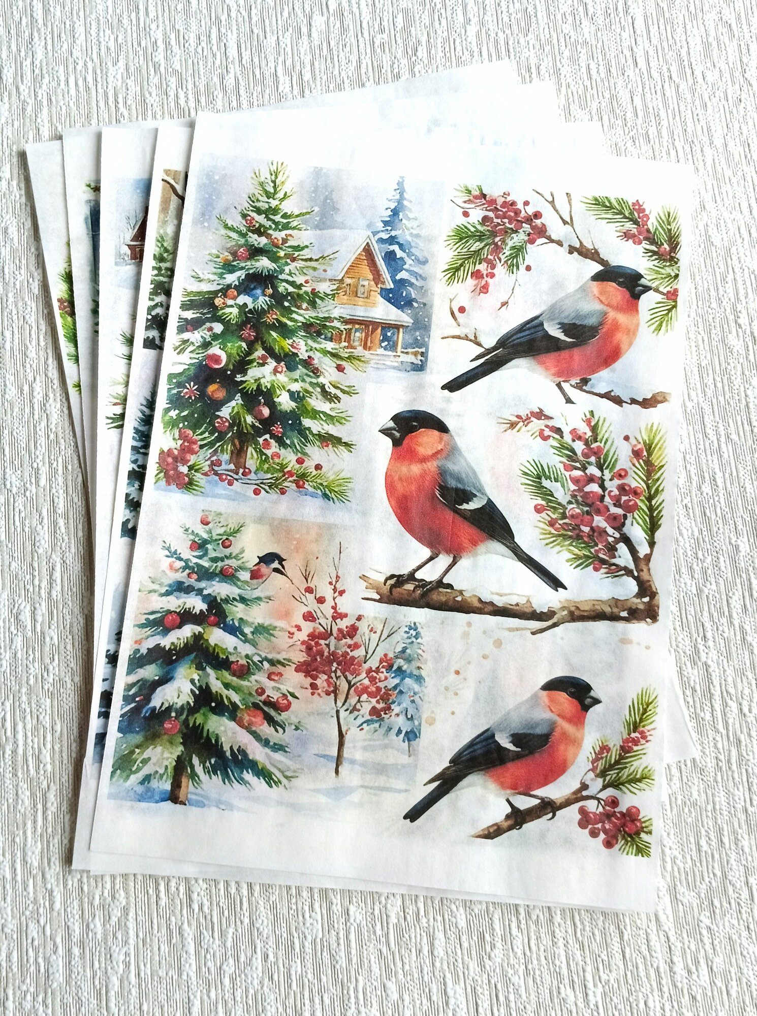 Набор бумаги для декупажа 5 листов Пуансеттия А4, 40 гр/м2.