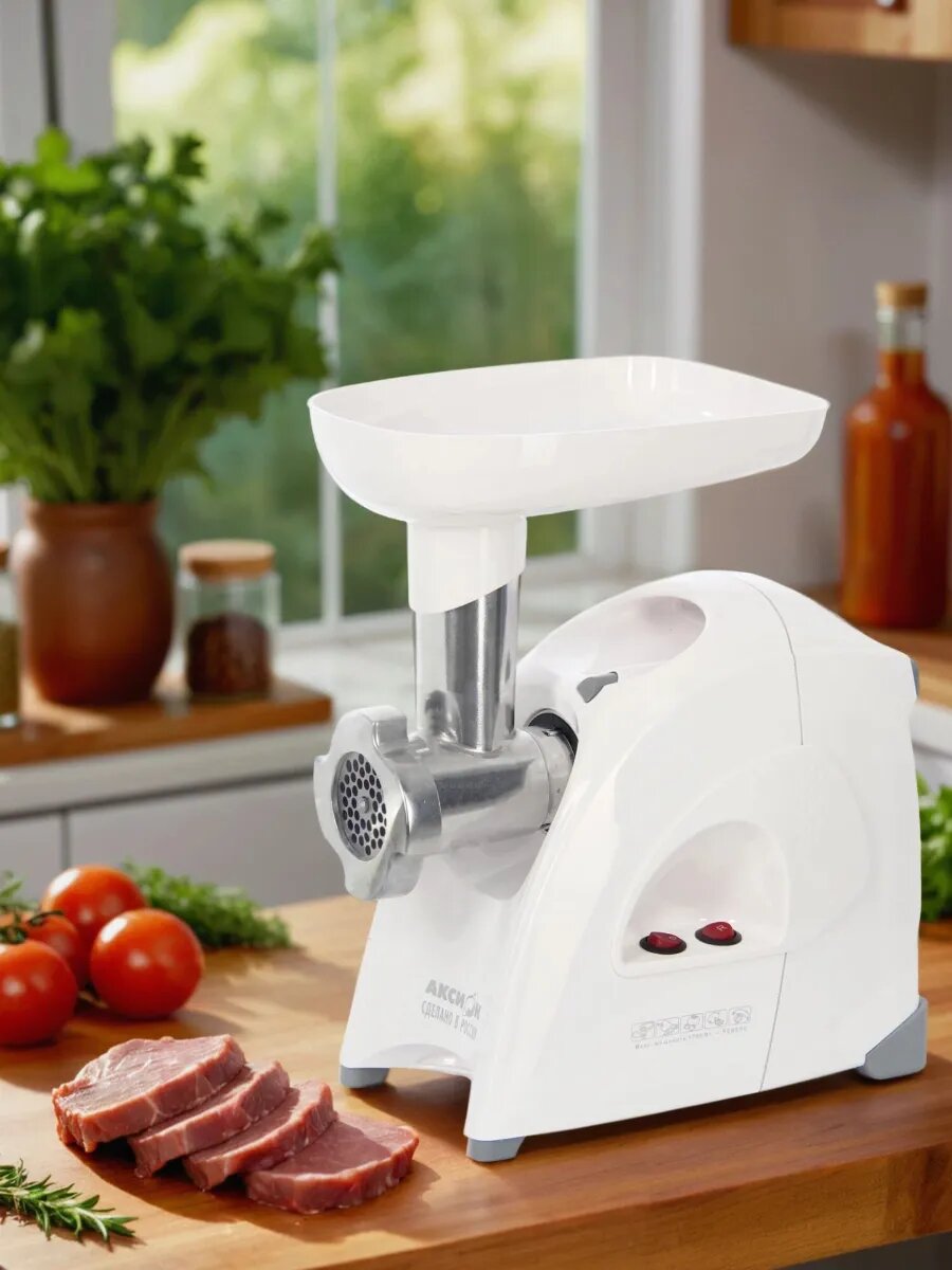 Мясорубка Аксион M 41.04, белый цвет, с реверсом, мощность 1700Вт