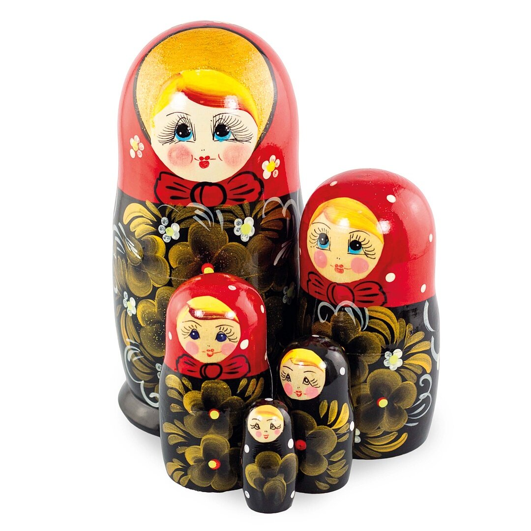 Матрешка деревянная авторская Золотые цветы красный платок средняя 5 мест 15 см русские сувениры Azhna