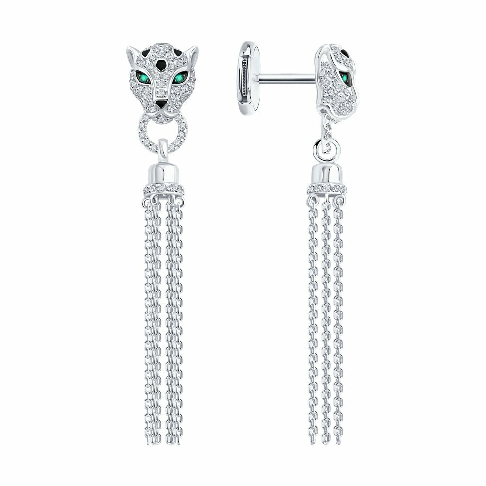 Серьги, белое золото, 585 проба, изумруд, эмаль, бриллиант