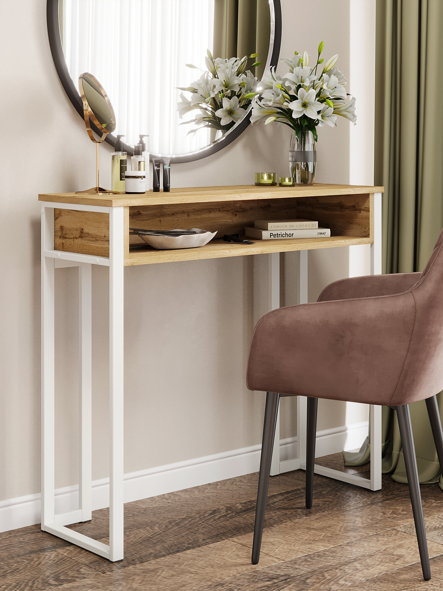 Туалетный столик без ящика, косметический, консоль KM LOFT белый/вотан