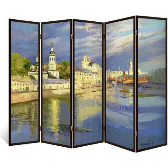 Ширма перегородка Декор Депо для комнаты деревянная "Утро красит нежным светом." двухсторонняя с картинкой (живопись) 5 створок венге 176х230 см 18 кг