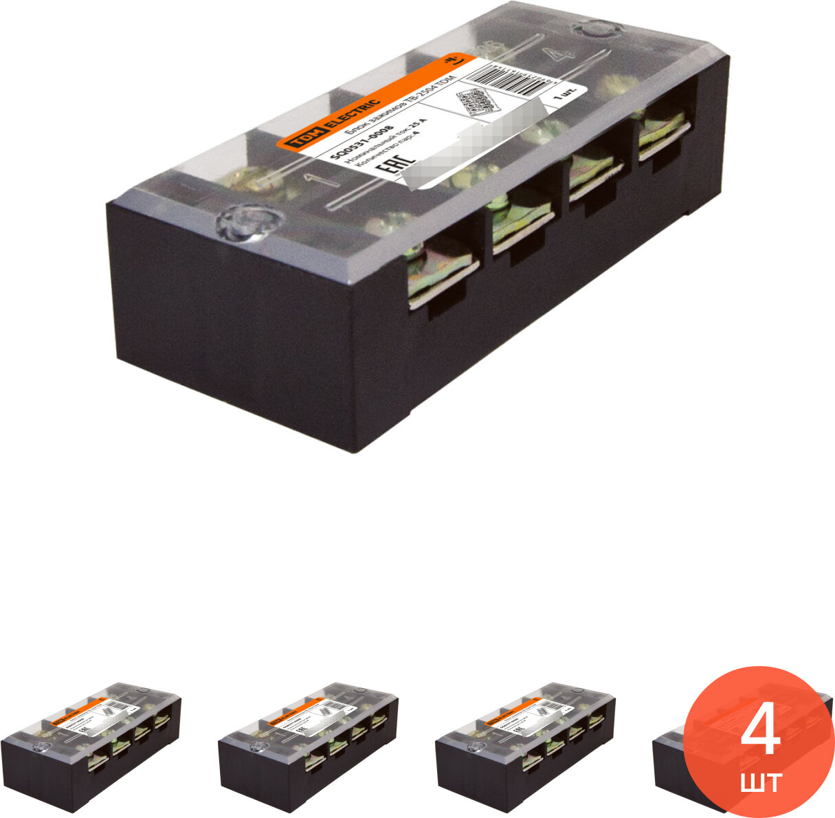 Блок зажимов TDM Electric / ТДМ Электрик ТВ-2504 колодка клеммная в корпусе из пластика черная, сечение 2.5мм2, 25А, 660В, 4 пары контактов / электрика (комплект из 4 шт)
