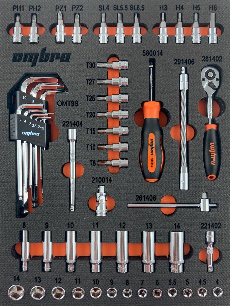Ombra OMT54STE Набор головок торцевых 1/4" DR с аксессуарами в EVA ложементе 280х375 мм, 54 предмета