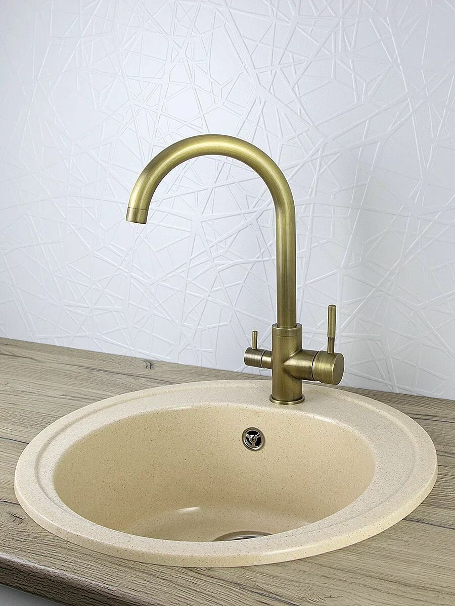 Смеситель для кухни (мойки) с подключением к фильтру для питьевой воды, высокий поворотный излив V-5164 Состаренная бронза