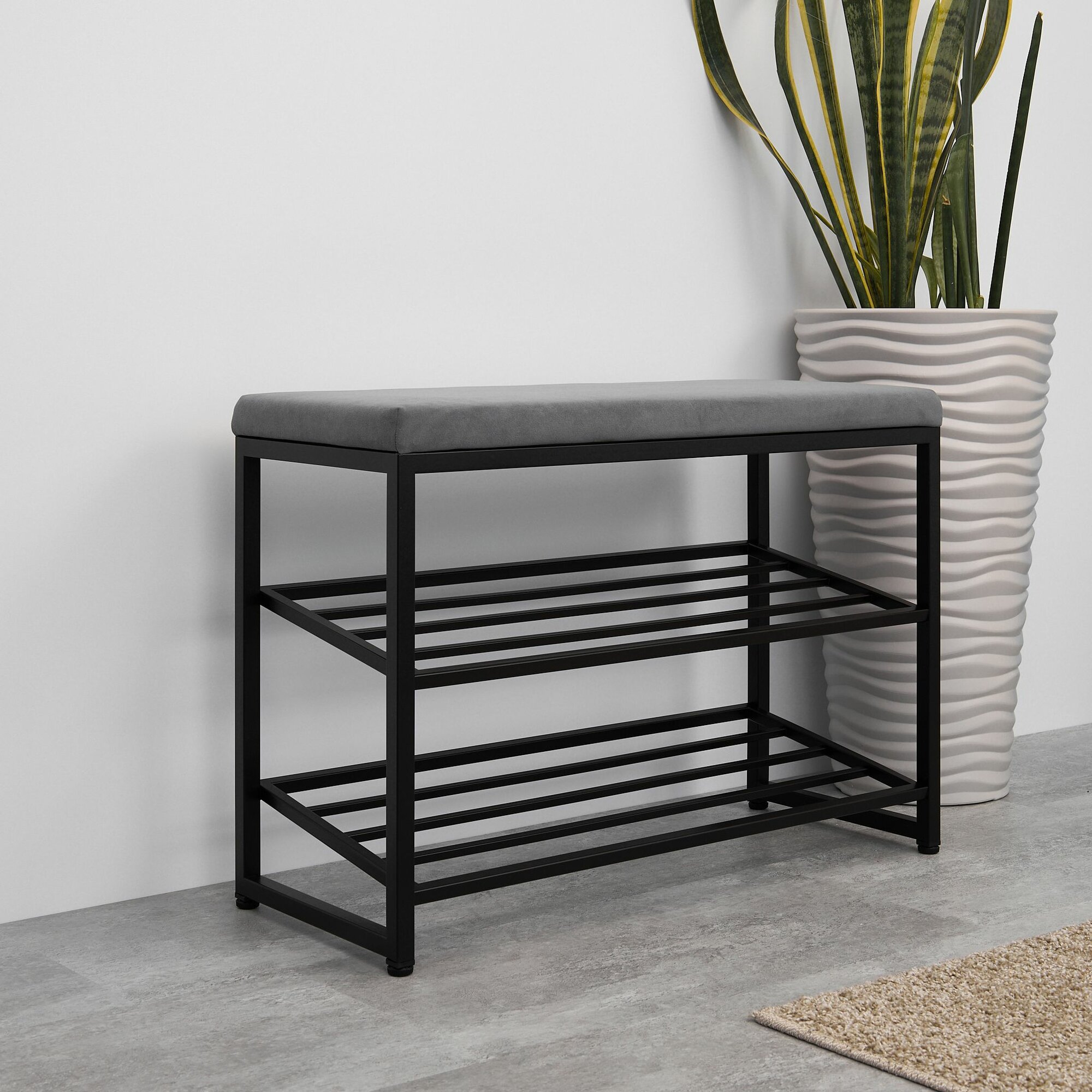 Обувница с мягким сиденьем "Эмили" / 75х30х52см / черный каркас - темно-серый велюр