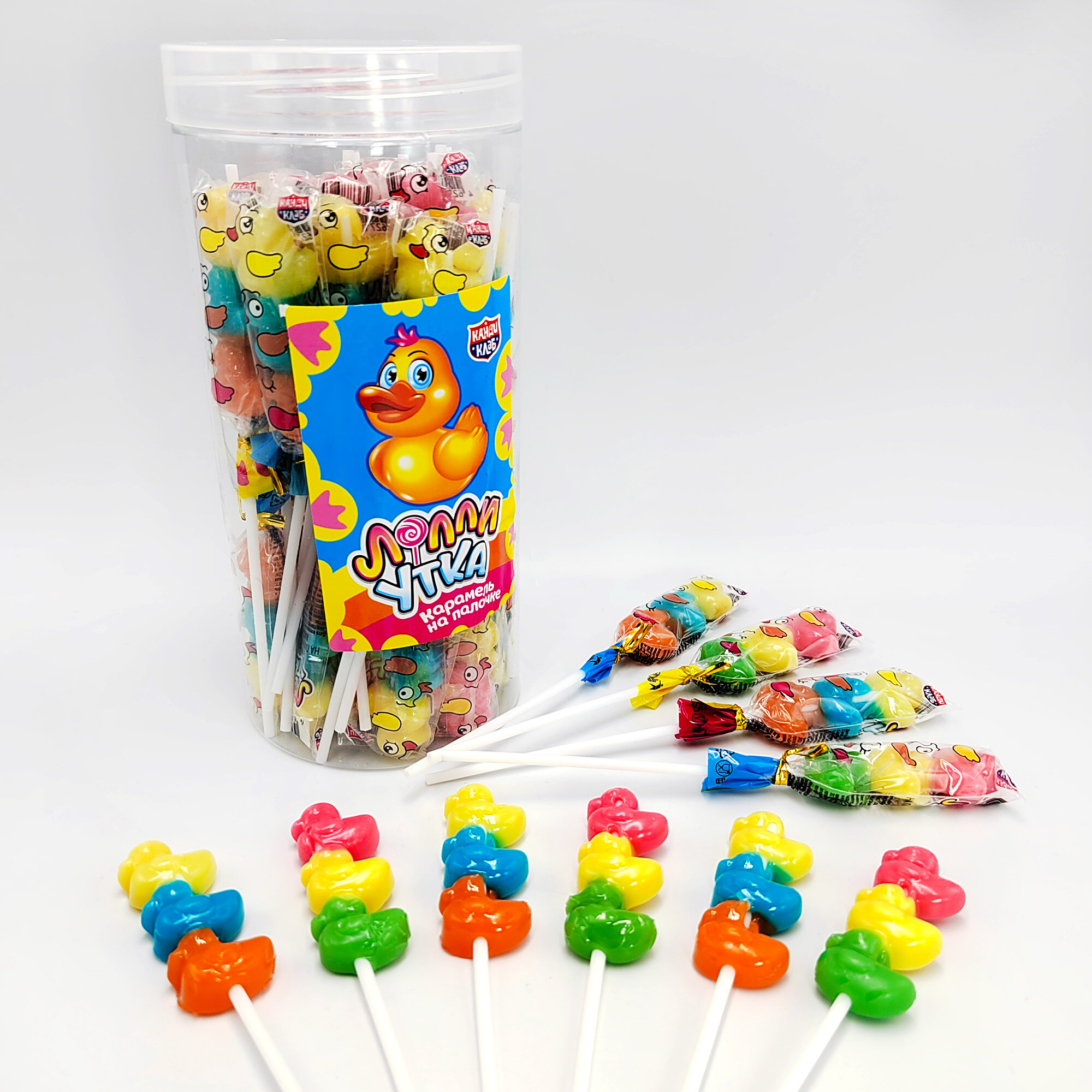 Карамель леденцовая лолли утка на палочке (блок 30шт по 15гр) конфеты Канди Клаб. Набор ассорти вкус клубника, ананас, арбуз, кола, манго. Леденцы в подарок на праздник, день рождения, Новый год