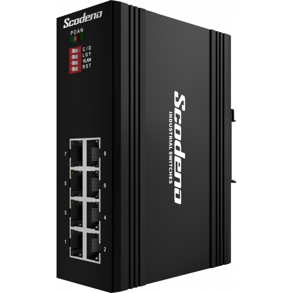 Scodeno Classic неуправляемый PoE+ коммутатор на DIN-рейку, 8x10/100/1000MBase-T, 246 Вт, IP40