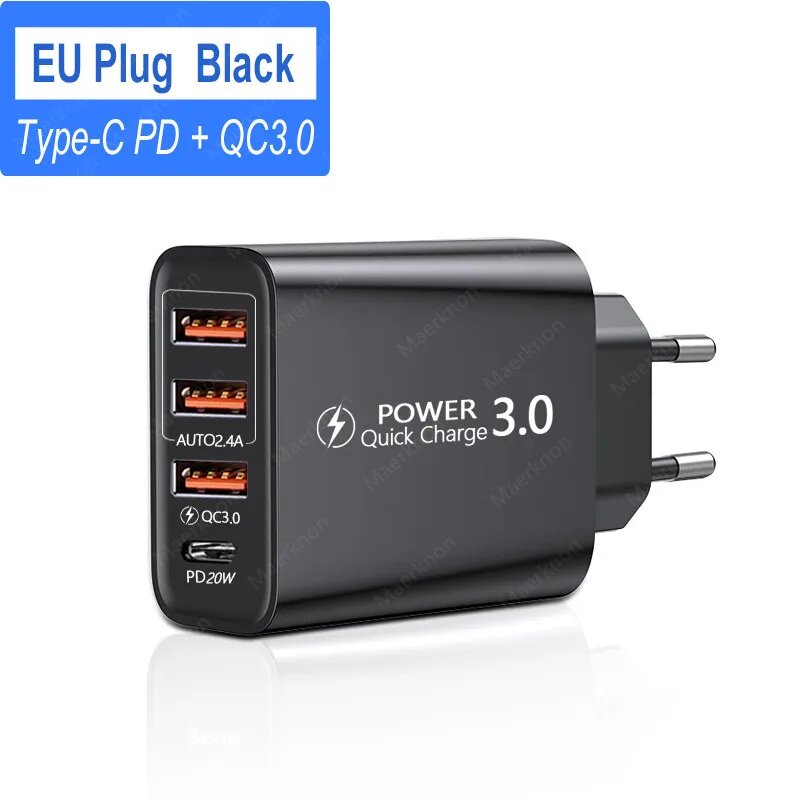 Зарядное устройство EU Plug Black Type-C PD + QC3.0