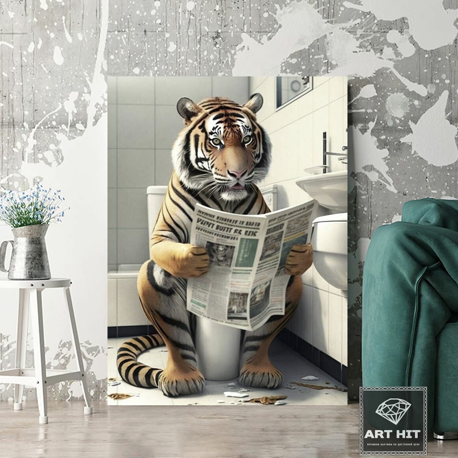 Картина в туалет, ванную комнату, Тигр читает газету