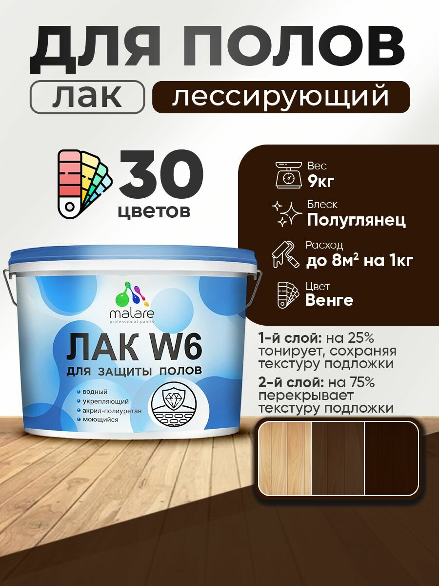 Лак колерованный тонирующий для защиты пола Malare W6 для паркета и ламината, для дерева и минеральных поверхностей, водный без запаха быстросохнущий, полуглянцевый, венге, 9 кг.