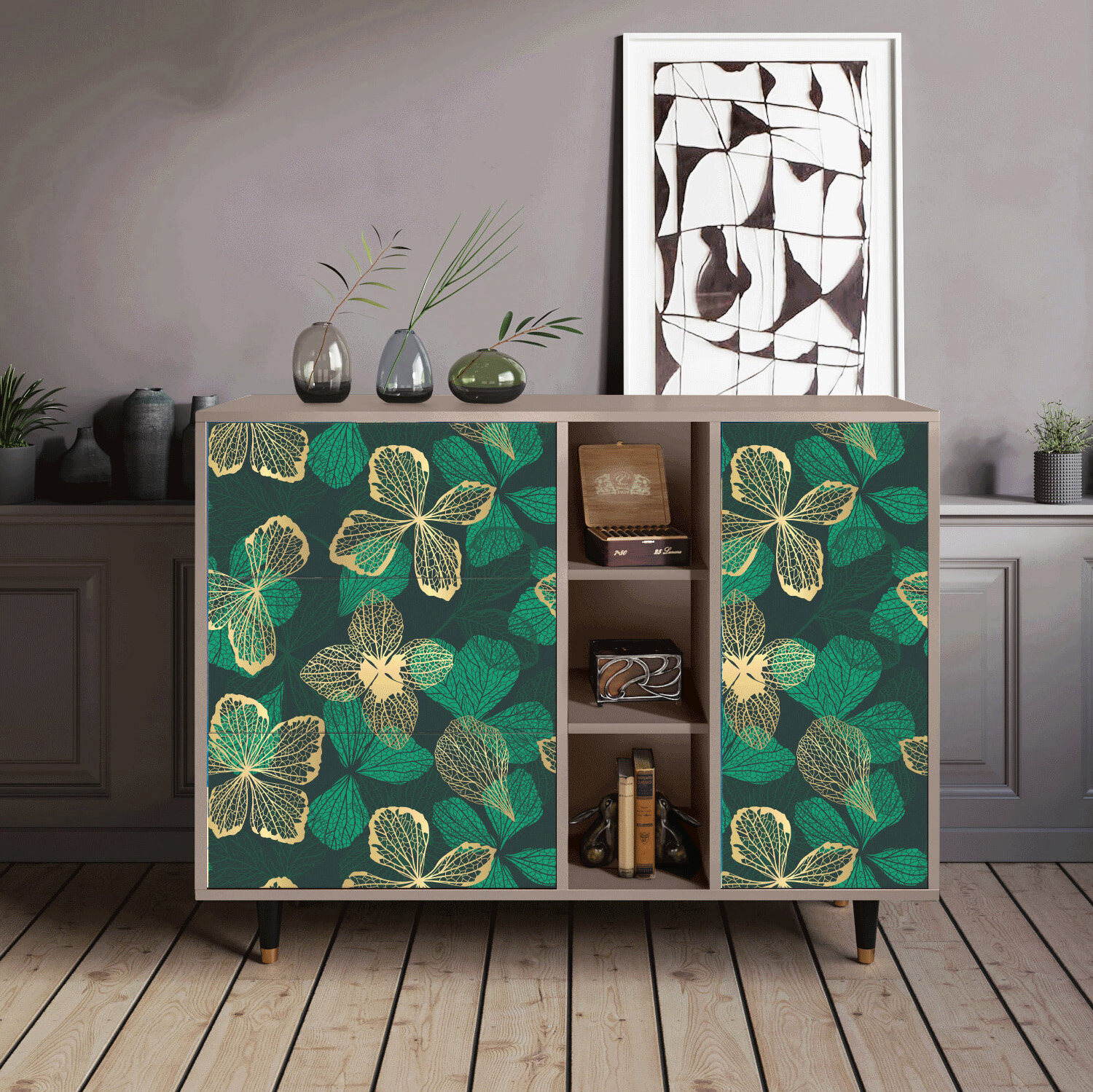 Комод - STORYZ - BS2 Green Flower, Разер - 125 x 97 x 48 см , Цвет корпуса - Бежевый