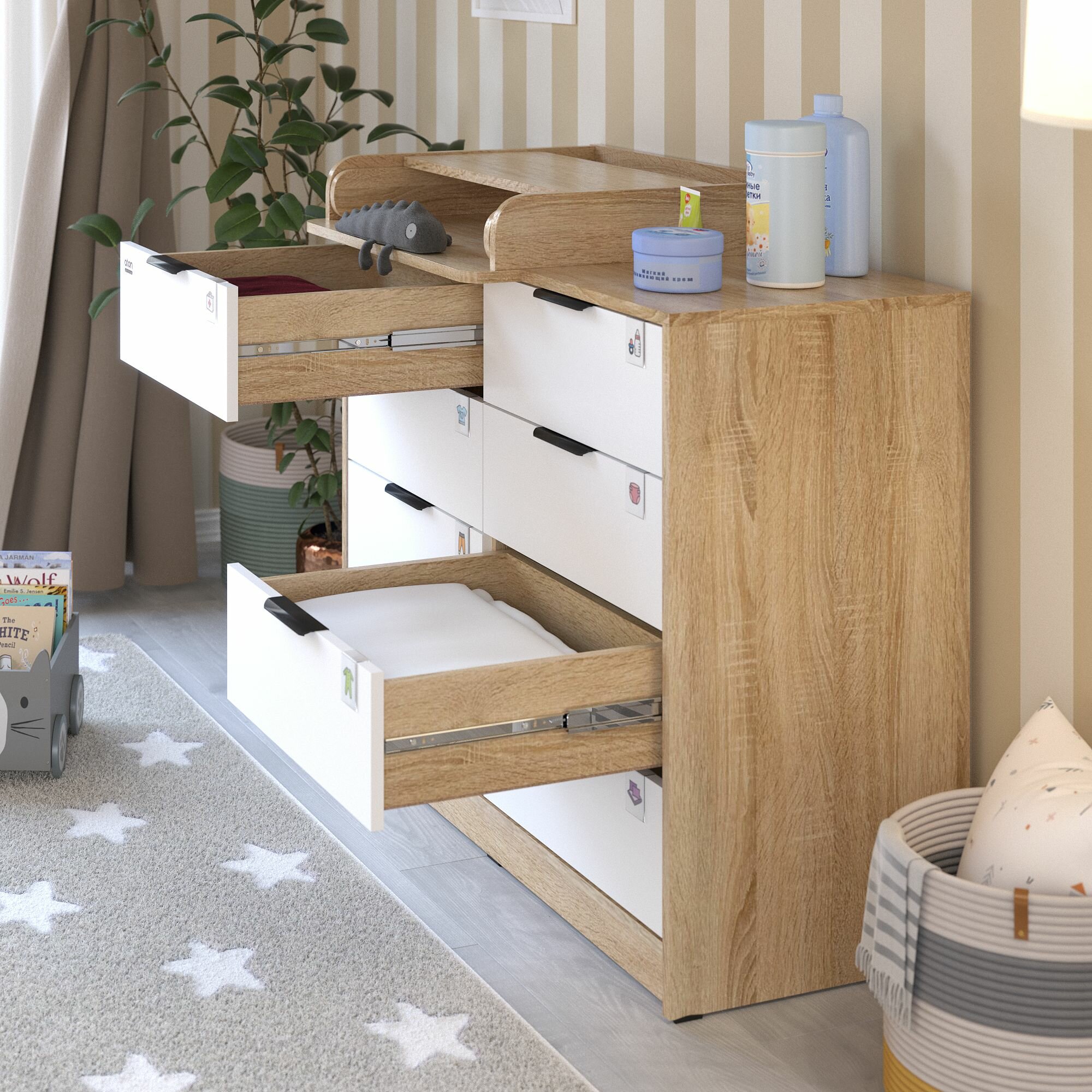 Пеленальный комод Атон Мебель Zeus, 8 ящиков, Дуб сонома-белый