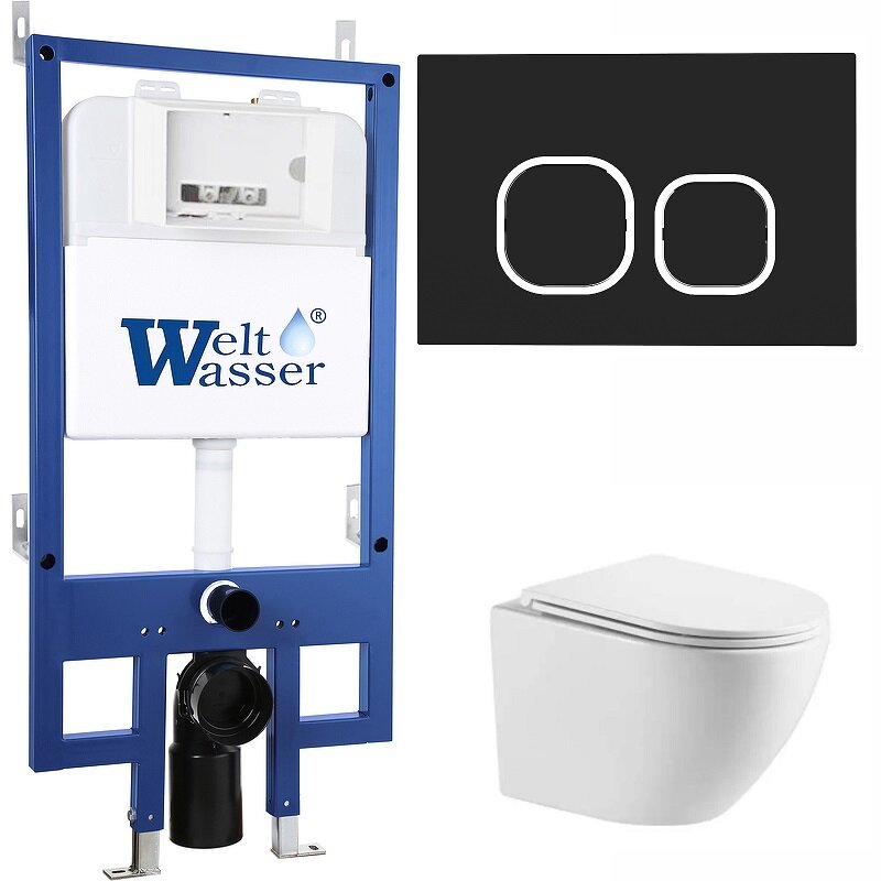 Унитаз подвесной WeltWasser BAMBERG 545+MERZBACH 043 XL GL-WT+BAMBERG BL белый/кнопка черная, безободковый, с крышкой микролифт, с инсталляцией, слив торнадо