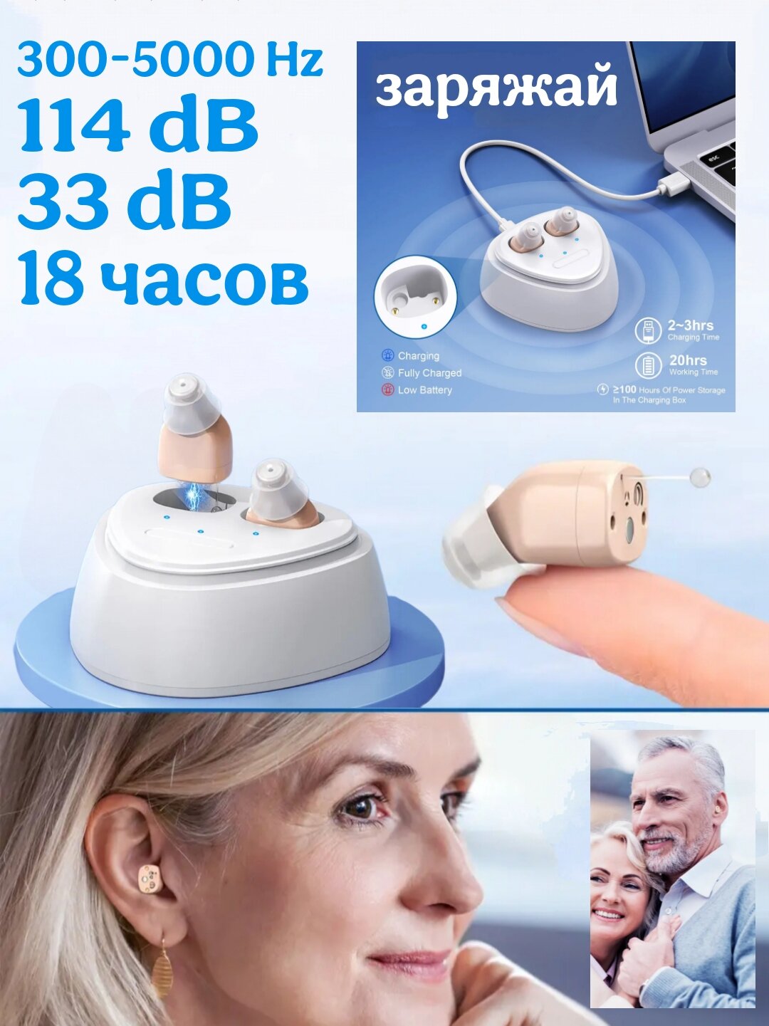 Слуховой аппарат cic внутриканальный с зарядкой аккумуляторный