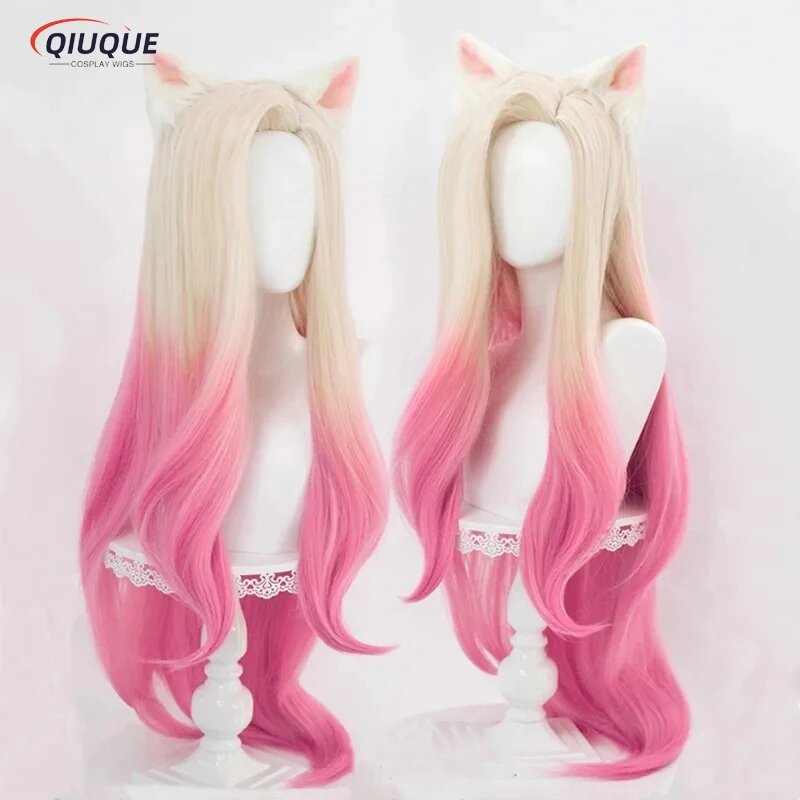 Парик QIUQUE Ahri с ушками, блонд-розовый, с шапочкой