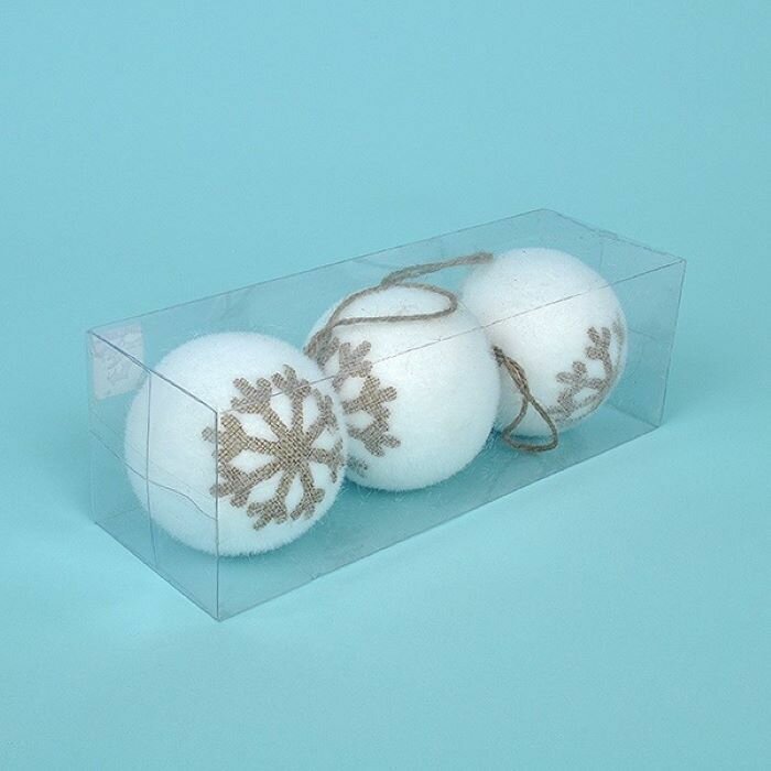 Шар новогодний "Белый флок со снежинками" 8 см, 3 шт. в упаковке