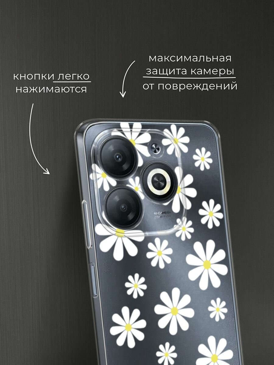 Чехол на Infinix Smart 8/8 HD/HOT 40i / Инфиникс Смарт 8/8 HD/HOT 40i с принтом "Большие ромашки", прозрачный — фото 1