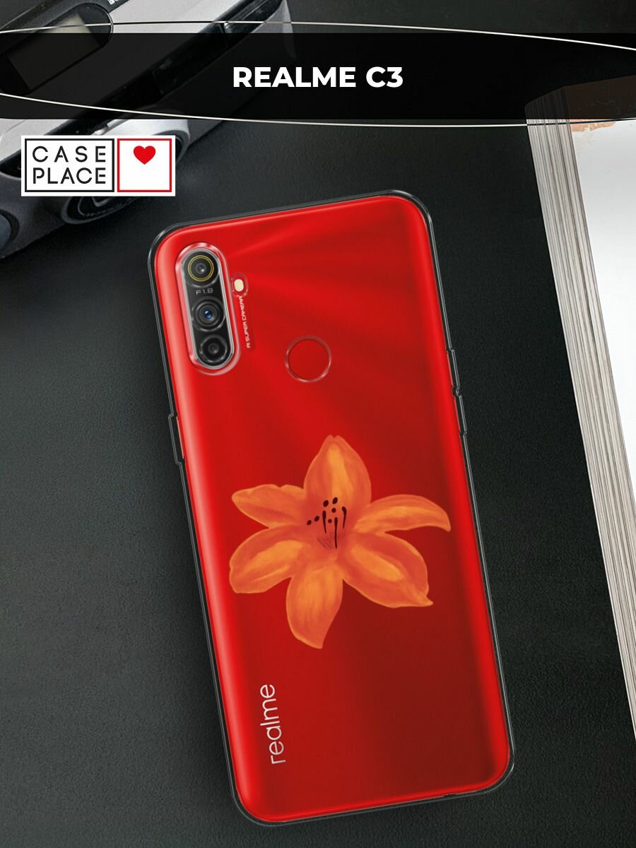 Чехол на Realme C3 / Реалми C3 с принтом "Оранжевый цветок", прозрачный