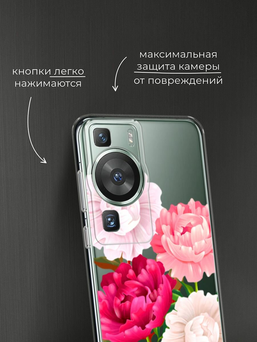 Чехол на Huawei P60/P60 Pro / Хуавей P60/P60 Про с принтом "Большие пионы", прозрачный — фото 1