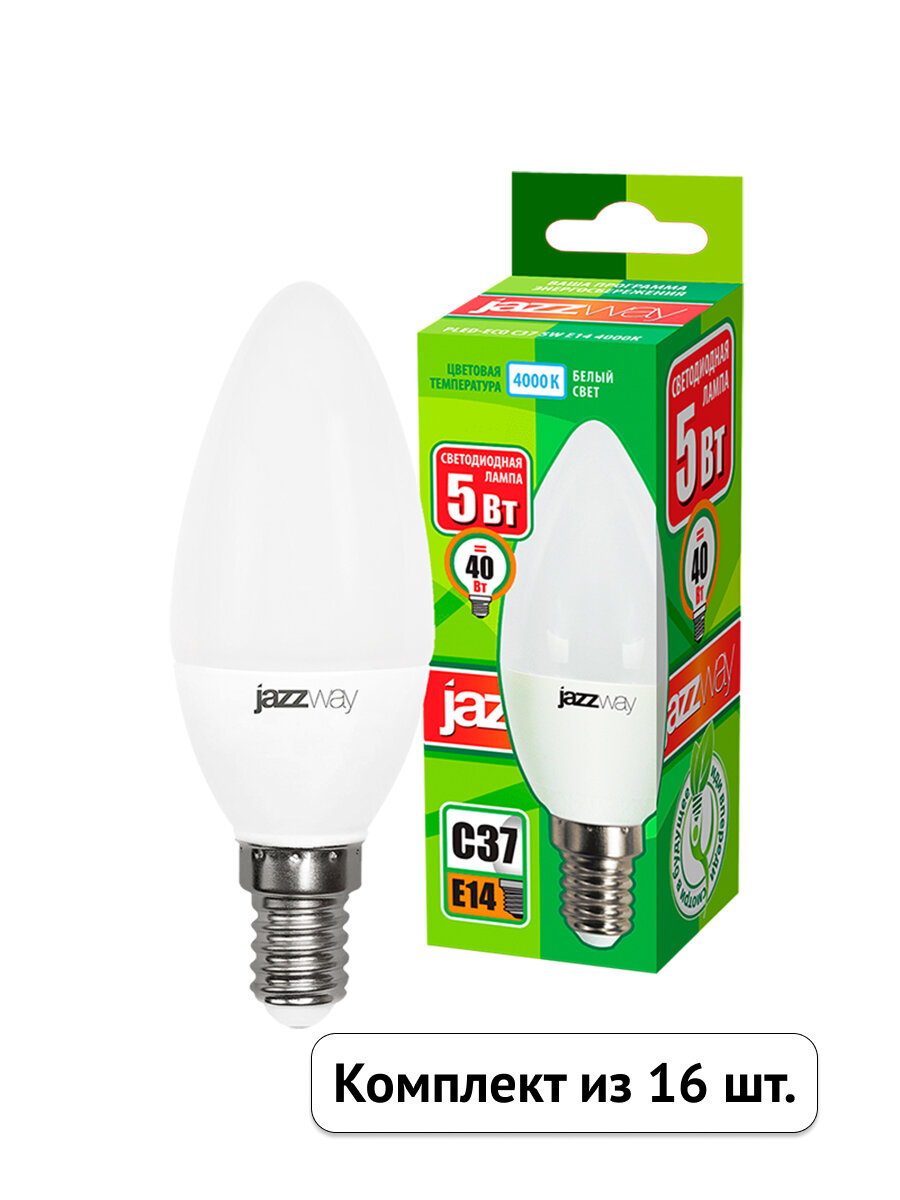 Лампочка светодиодная Jazzway PLED ECO 5Вт, 4000K, 400Лм, Е14, нейтральный белый свет, свеча (комплект из 16 шт.)