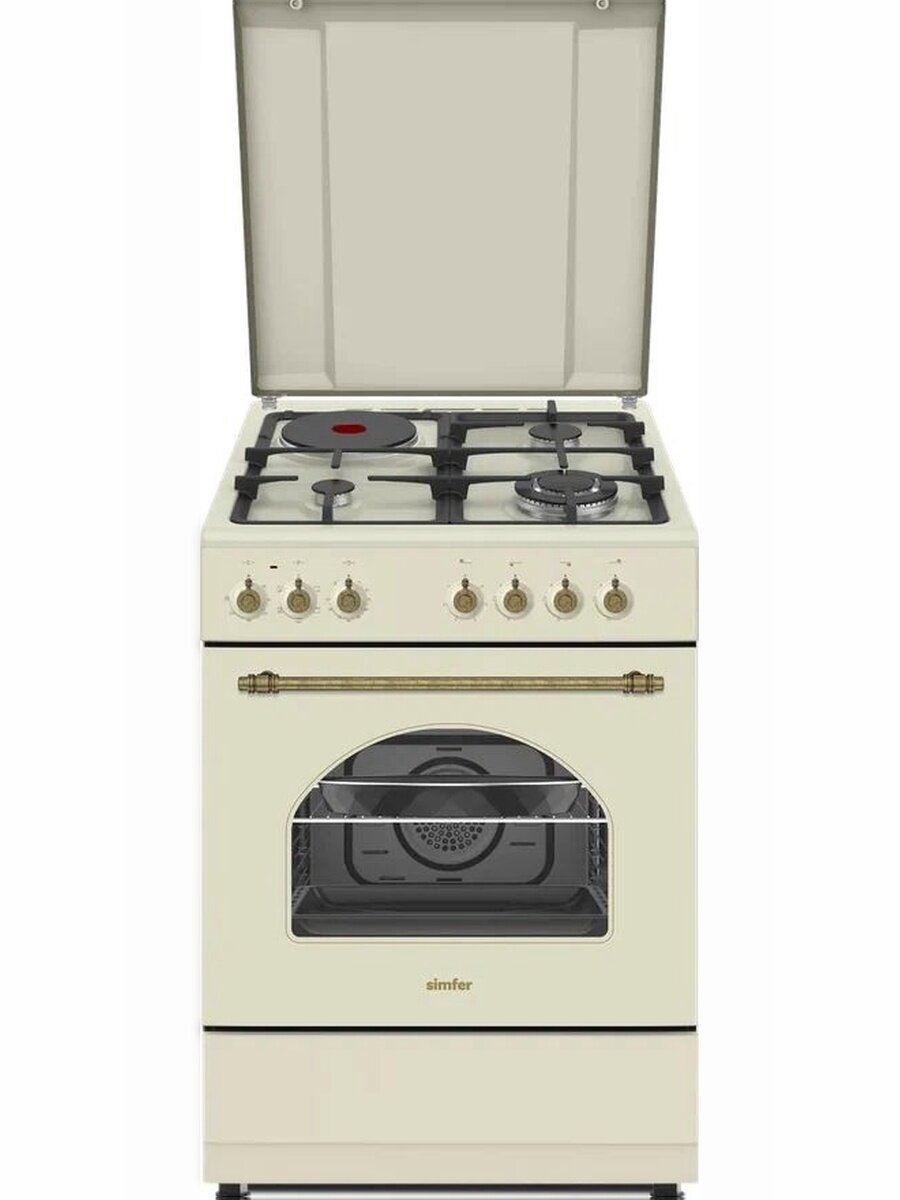 Газовая плита Simfer, 60х60, электрическая духовка, 60л, 5 режимов, конвекция, газ-контроль, автоподжиг, 3газ+1электро