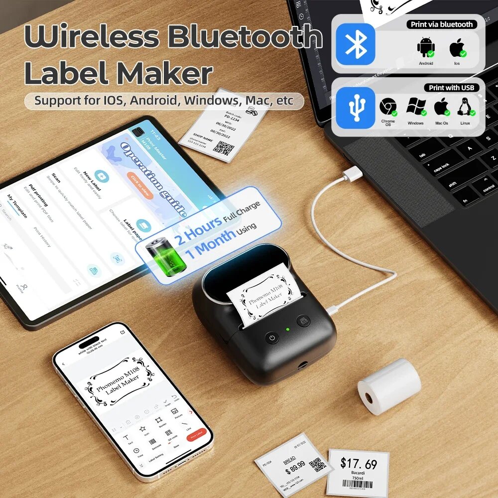 Белый принтер этикеток M108 Bluetooth — фото 1