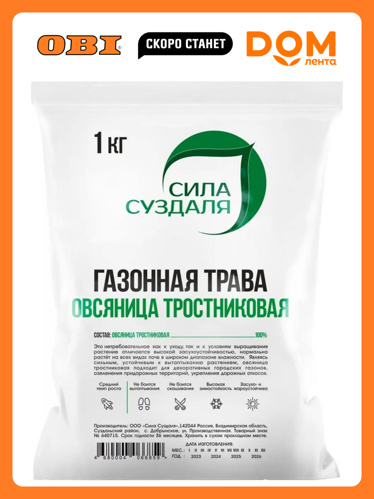 Газонная трава Овсяница тростниковая Сила Суздаля 1 кг