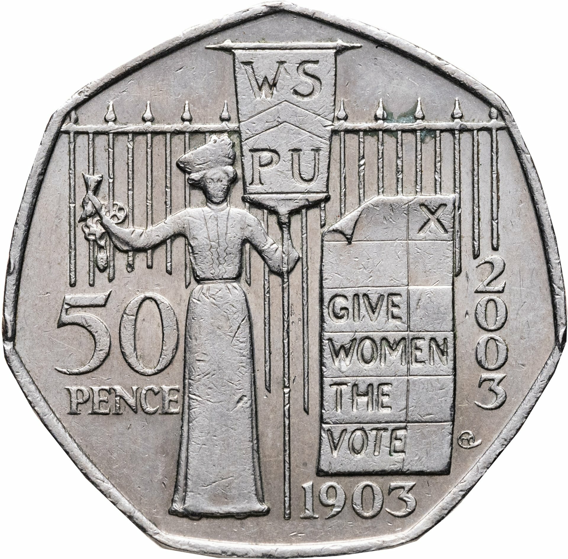 Великобритания 50 пенсов pence 2003 "100 лет женскому социально-политическому союзу WSPU", Мельхиор медь-никель, в сохранности XF