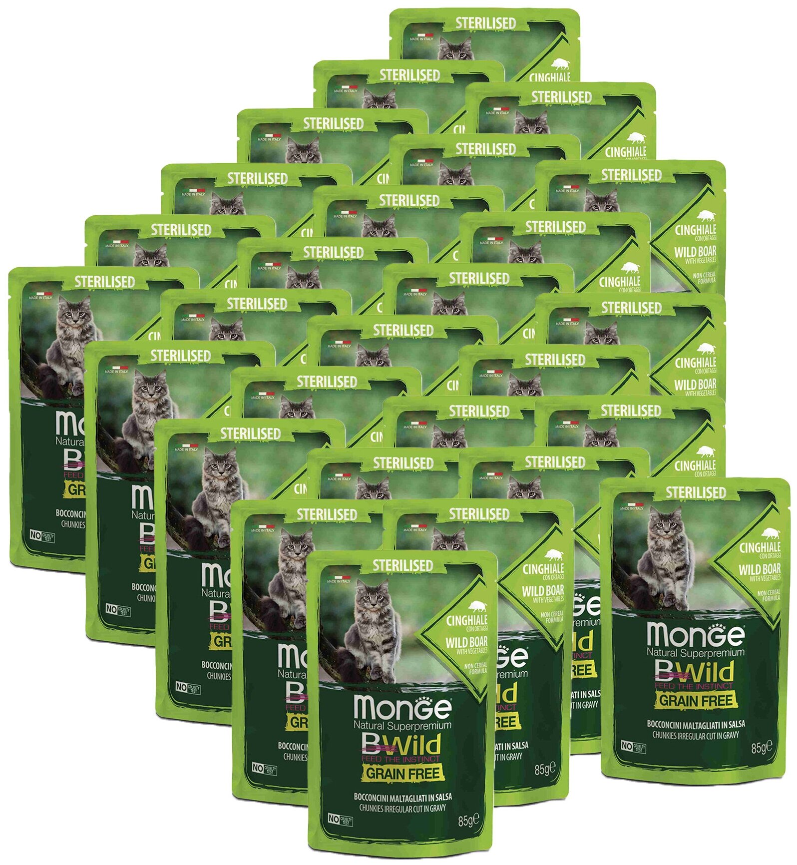Monge Cat BWild GRAIN FREE паучи из мяса дикого кабана с овощами для стерилизованных кошек 85г х 28 шт.