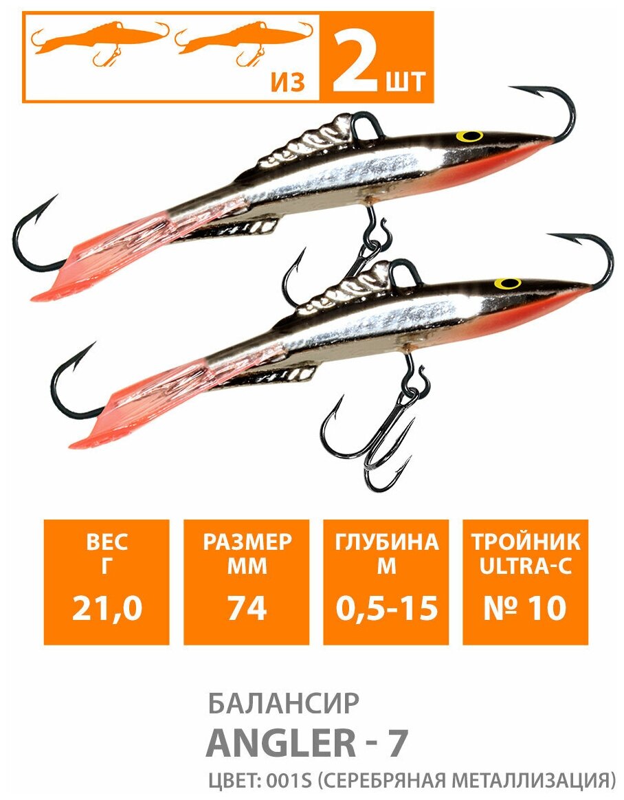 Балансир для зимней рыбалки AQUA Angler 74mm 21g цвет 001S 2шт