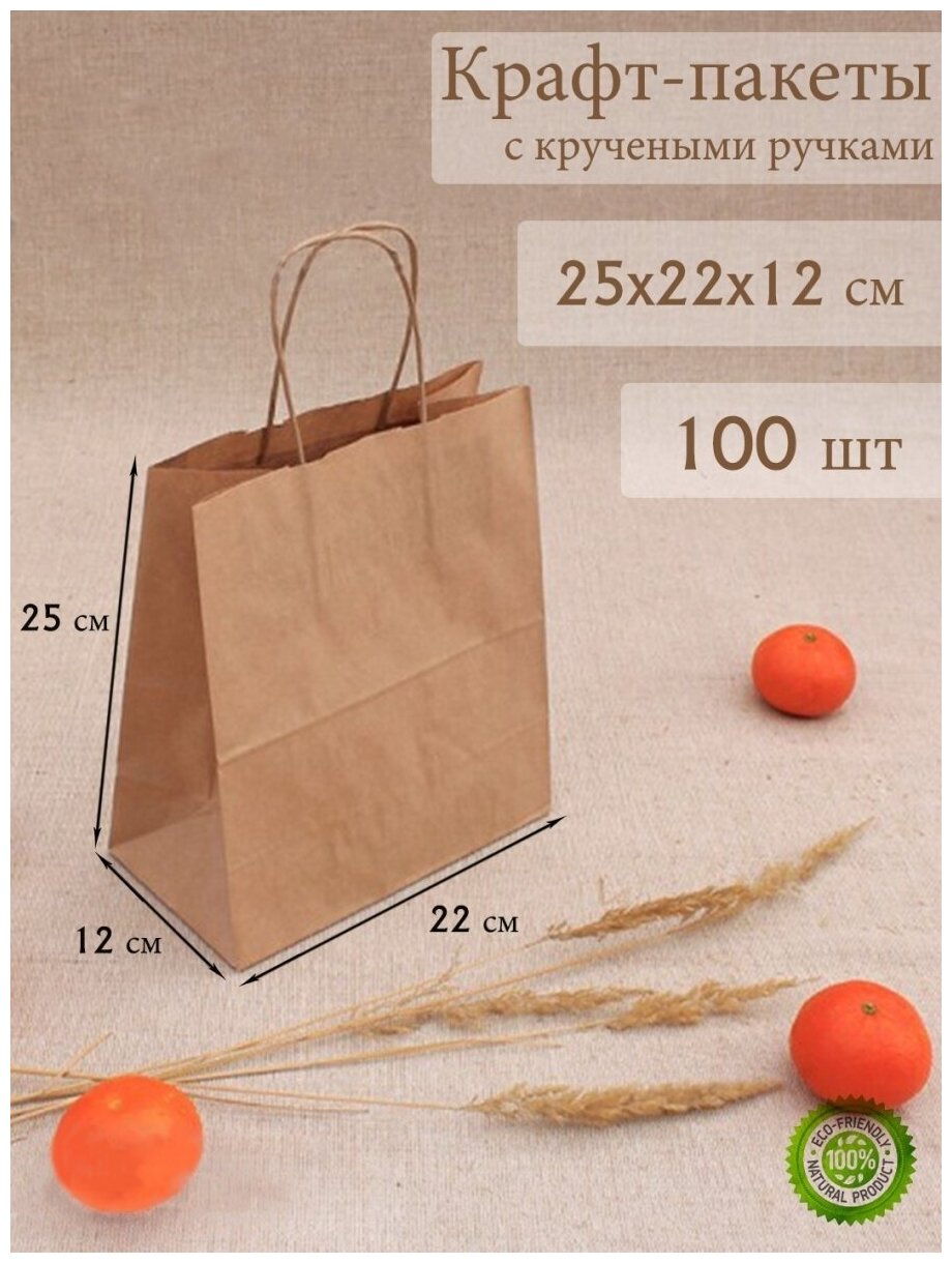 Крафт пакет бумажный с ручками 25*22*12 см - 100 штук, крафтовые пакеты упаковочные, подарочные, пищевые