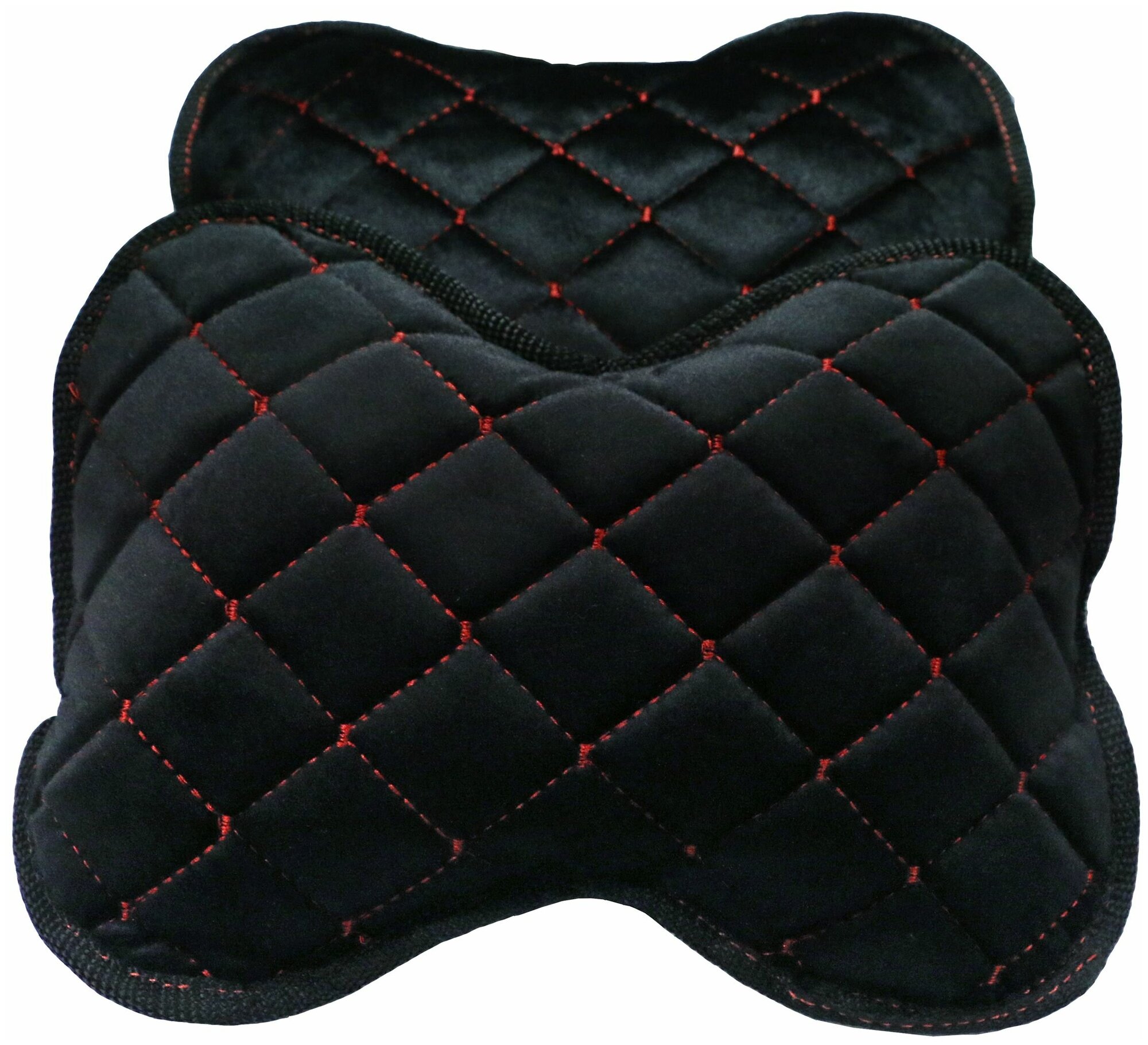 Подушка под шею в автомобиль из велюра премиум-класса 2 шт. Ткань ромб черный, строчка красная.