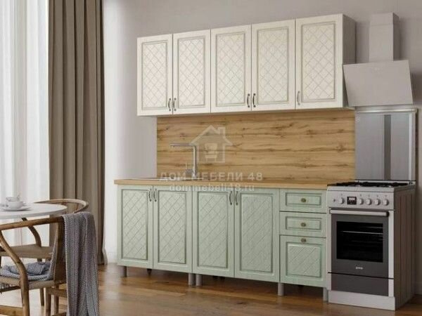 Кухонный гарнитур Версаль, Корпус ЛДСП Белый/Фасад МДФ, матовая пленка ПВХ Айвори/ПВХ Васаби, столешница Антарес 2.0 м