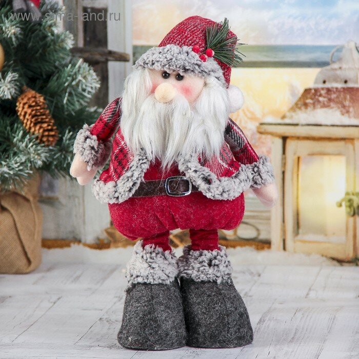 Игрушка мягкая Дед Мороз в шубке-длинные ножки стоит, 17×56 см, серо-красный