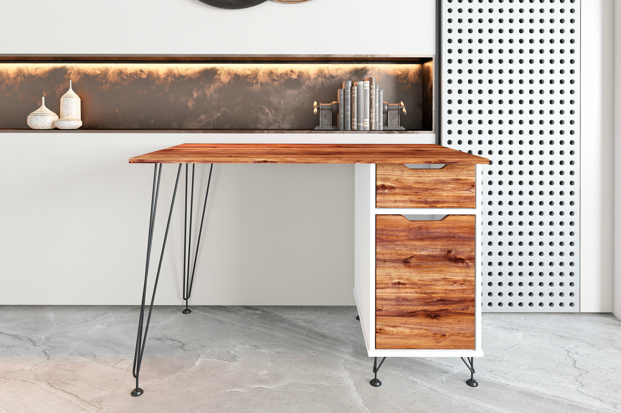 Стол письменный,110x73x60 см, с тумбой и ящиком белый - дуб бомонт лофт