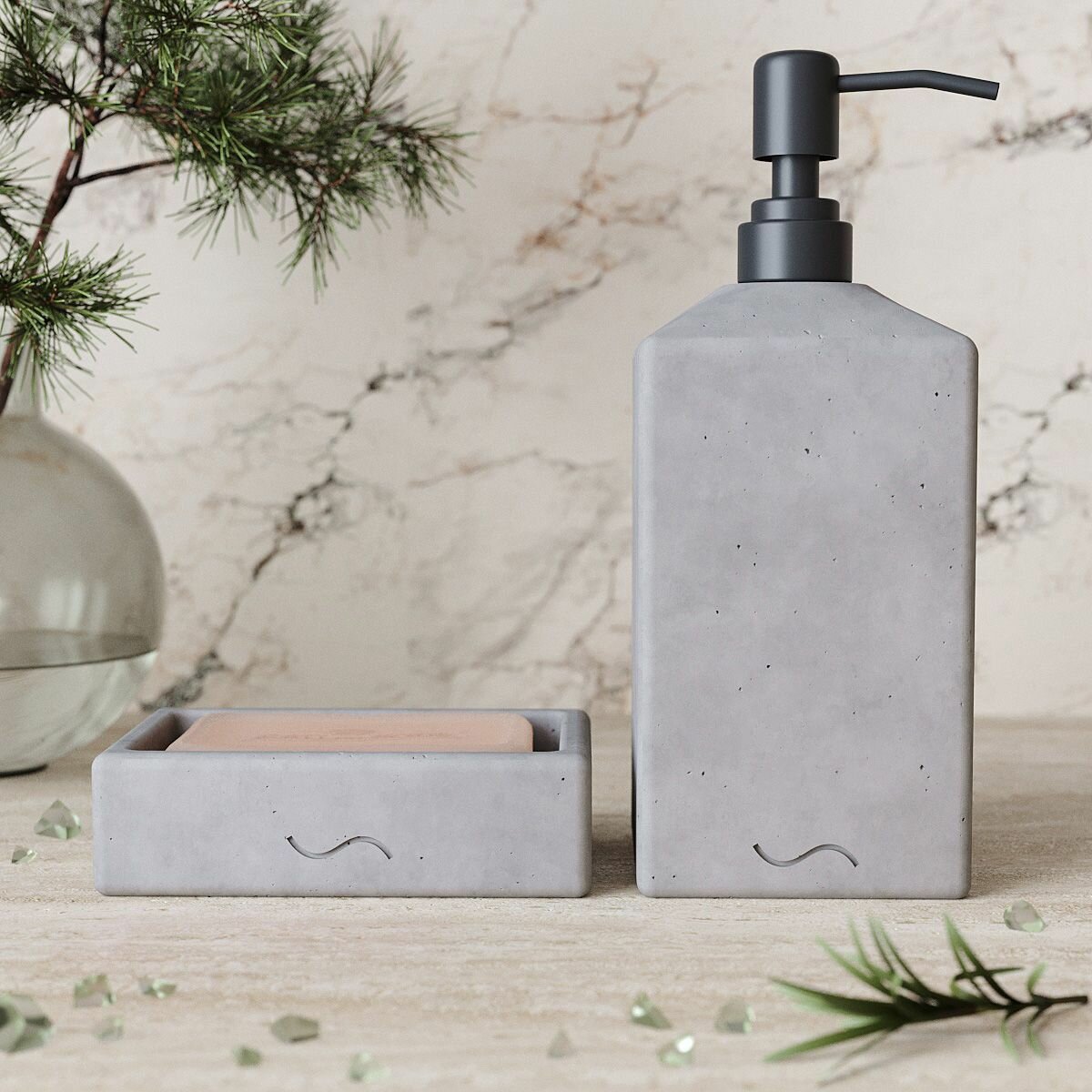 Набор для ванной комнаты Emily 8 (мыльница, дозатор для жидкого мыла с черной помпой), бетон, серый матовый