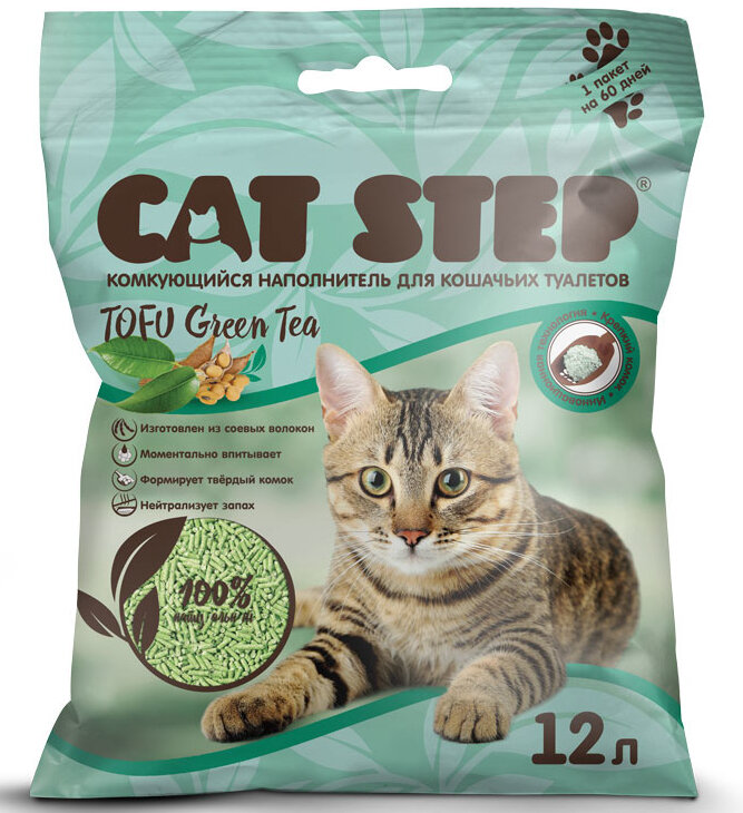 Cat Step Комкующийся наполнитель растительный TOFU Green Tea (соевые волокнаи и экстракт зелёного чая), 12л, 5.4 кг 5.4 кг