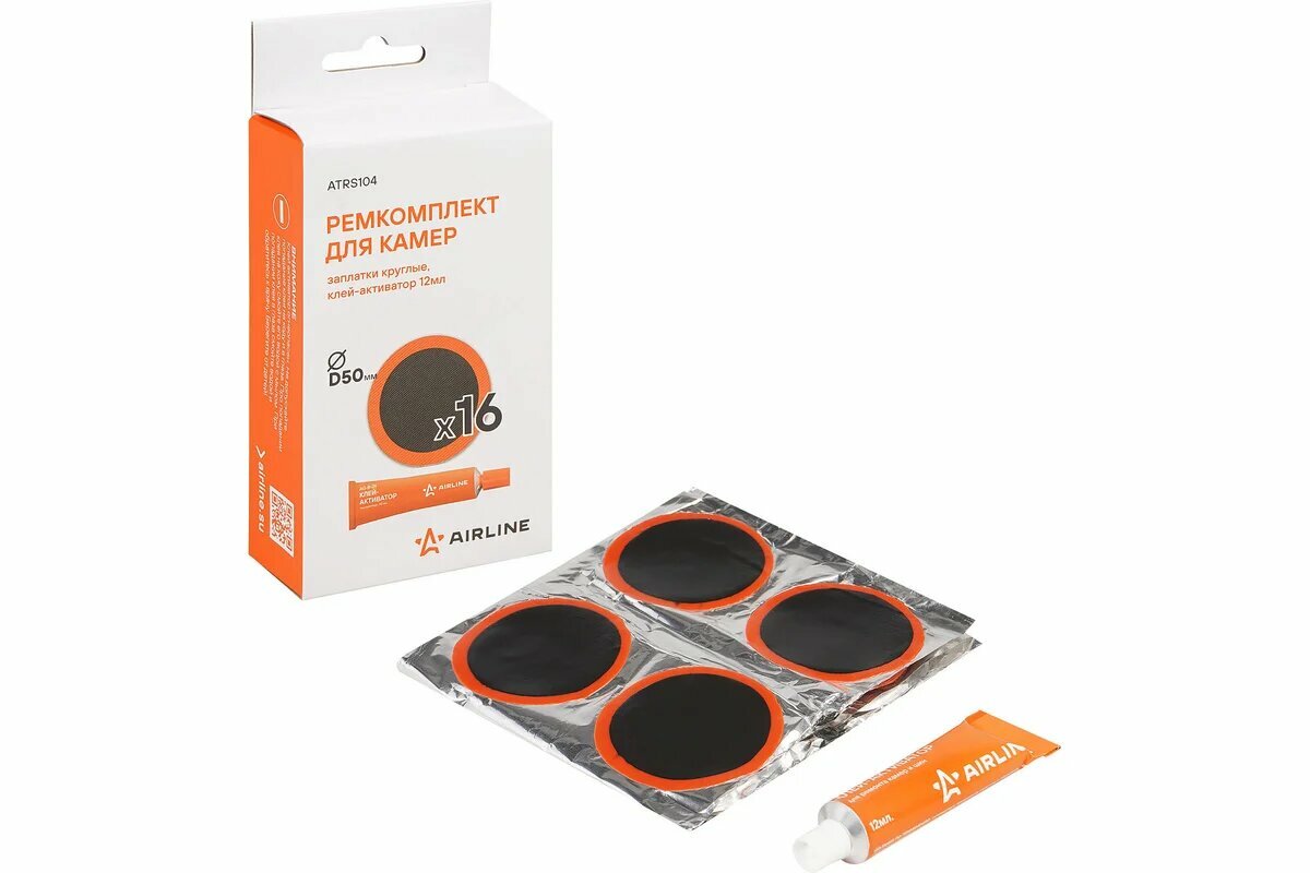 AIRLINE Ремкомплект для камер, заплатки круглые D50 мм - 16 шт, клей-активатор 12мл ATRS104