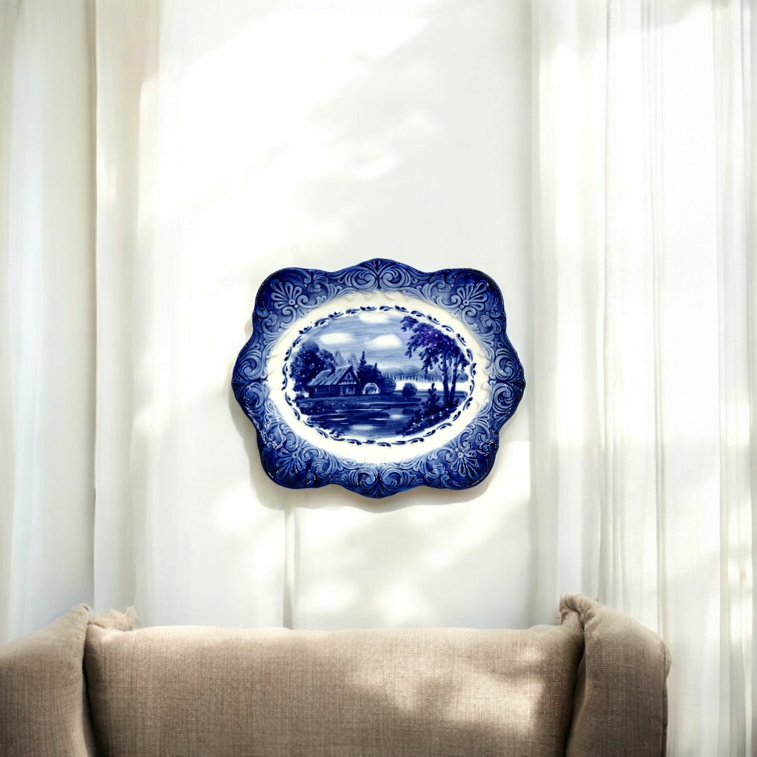 Тарелка настенная декоративная панно "Пейзаж" гжель фарфор ручная работа