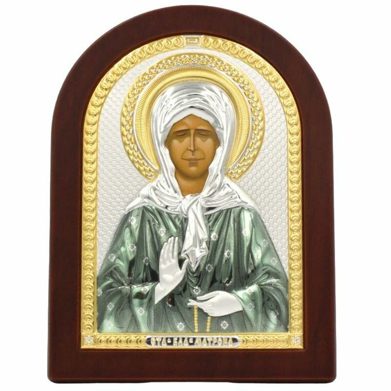 Матрона Московская. Небольшая серебряная икона. (12 х 16 см / Цветной защитный лак. Позолота на окладе.)