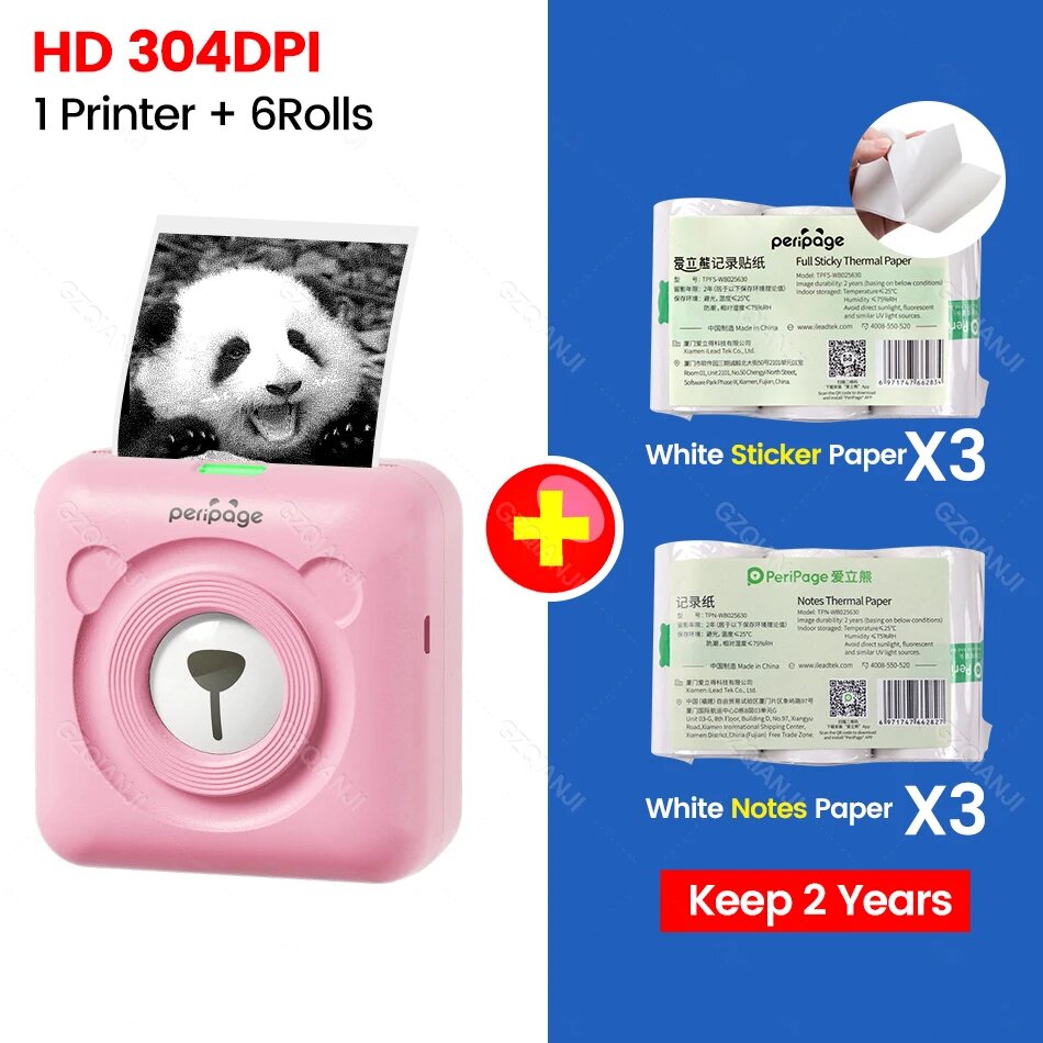 Мини-принтер PeriPage A6 304dpi Фиолетовый Желтый Розовый, 304PK Add 6Rolls