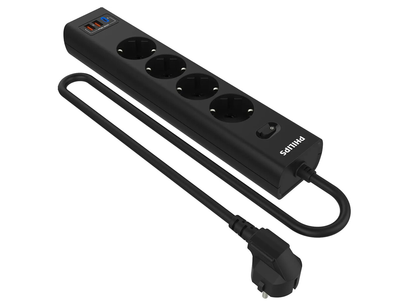 Сетевой фильтр Philips, 4 розетки, 5м, 2500Вт, 2xUSB, 1xUSB Type-C (20Вт) Черный, CHP4346BC/51