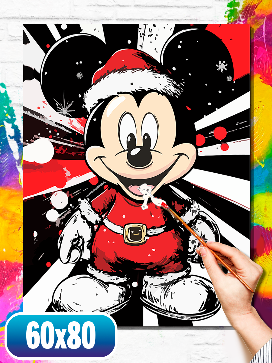 Картина по номерам на холсте Новый год игра Микки Маус (Mickey Mouse, New Year 2025, Санта) - 16047 В 60x80