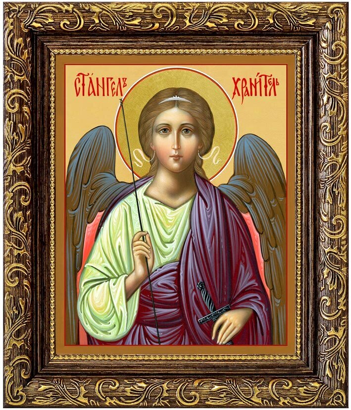 Ангел Хранитель (лик № 219), икона в широкой темной пластиковой рамке 19*22,5 см