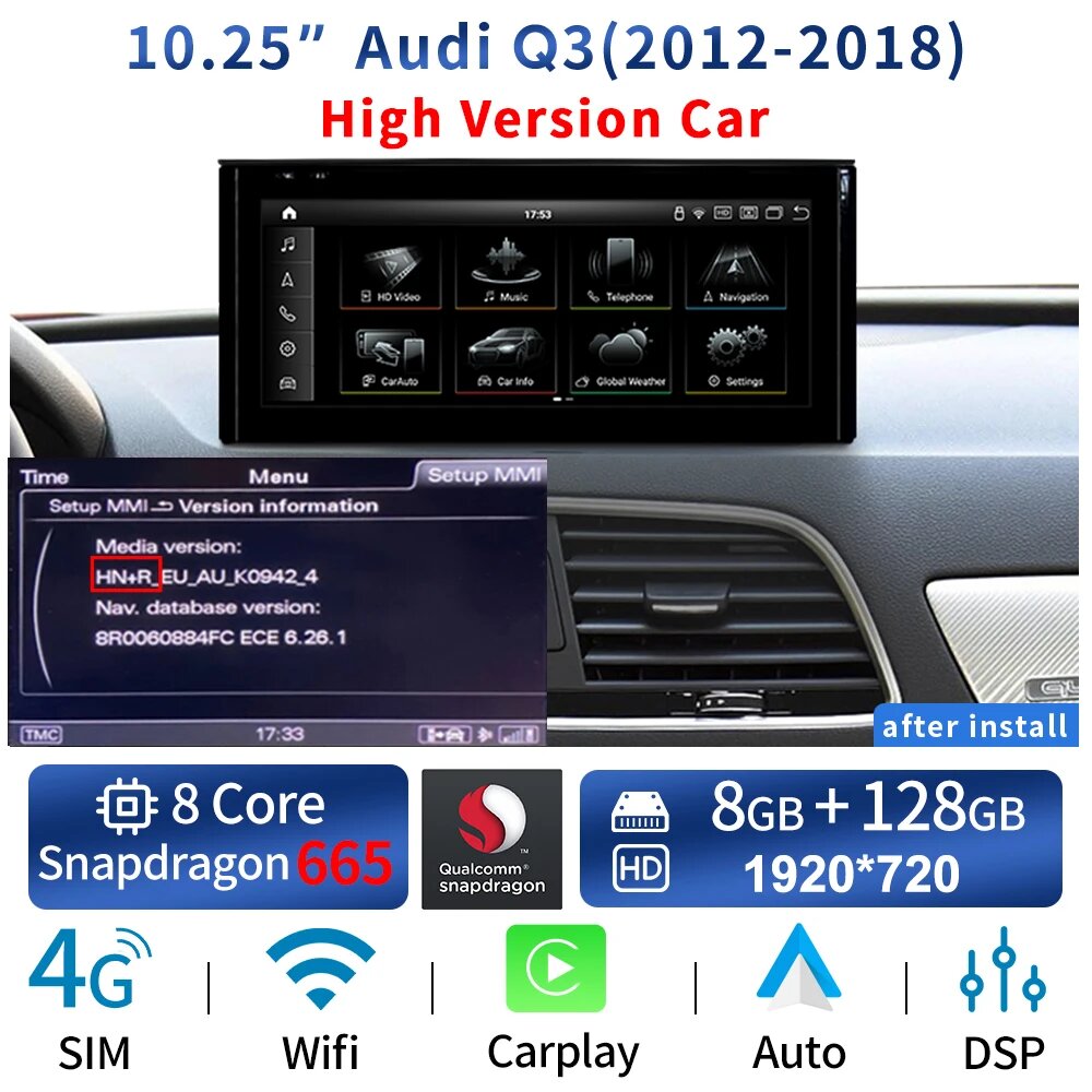 8-ядерная автомобильная мультимедийная стереосистема Android 13 для Audi Q3 Google WIFI 4G SIM 8 + 128 ГБ ОЗУ IPS Сенсорный экран GPS Navi Carplay
