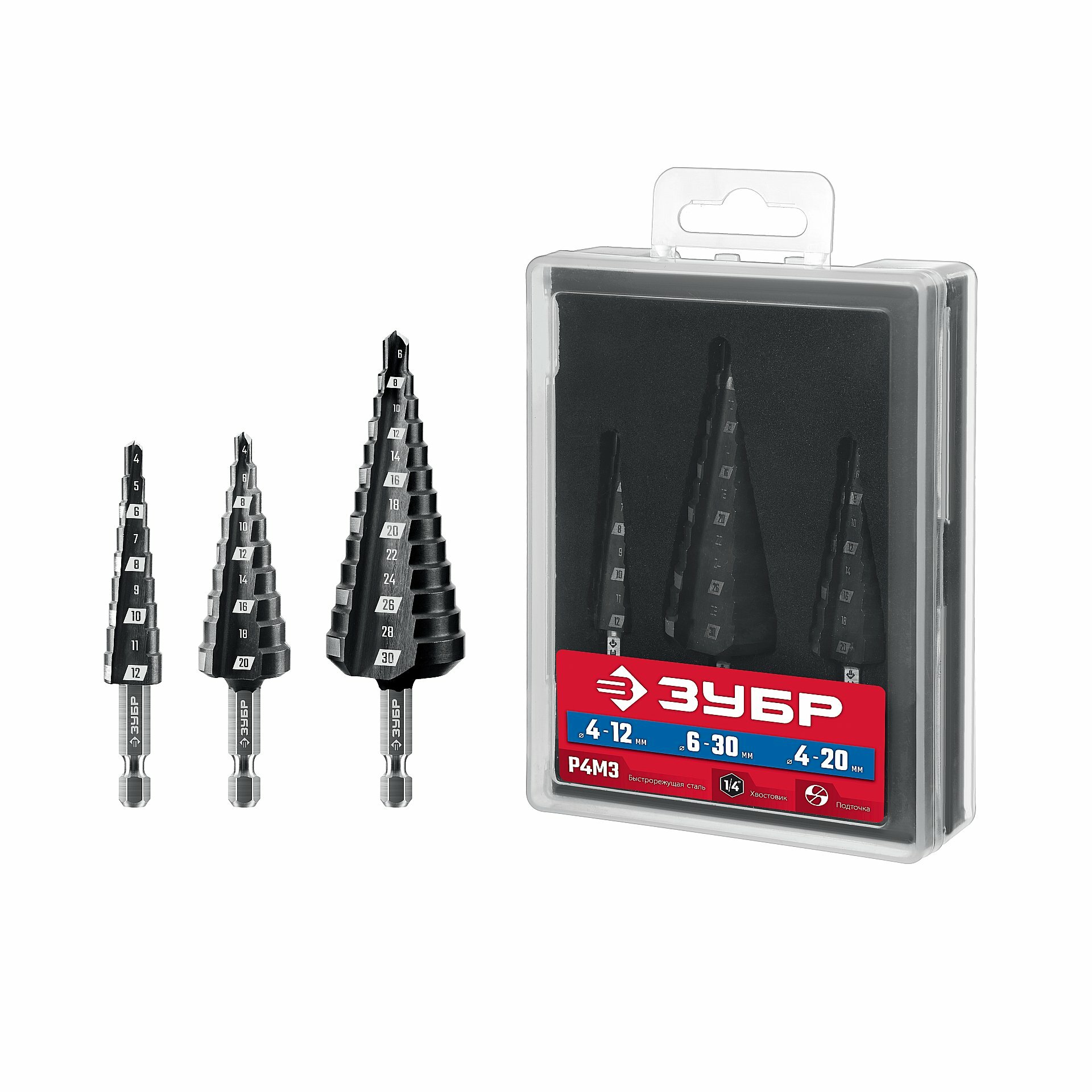 ЗУБР 3 шт, 4-30мм, набор сверл ступенчатых(29665-4-30-H3)