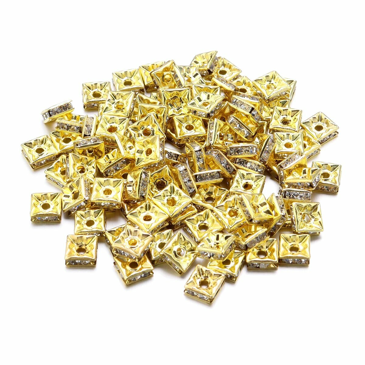 Бусины квадратные металлические с хрусталем, 8 мм, Gold White